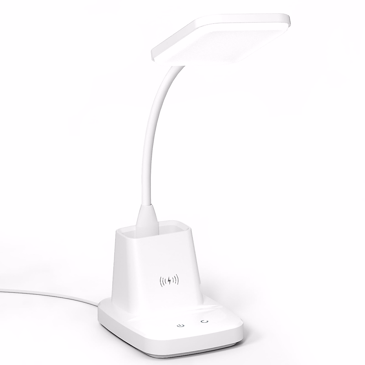 LED Desk Lamp with Wireless Charger, Sailstar White Desk Light with Pen Holder, 3 Color Modes with Stepless Dimming, CRI 85, 800 Lumen, Study Lamps for College Dorm Room, Home Office, Adapter Included