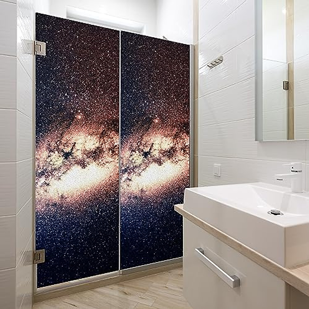 IOACIY Privacy Window Film Frosted Glass Sticker for Home Office Static Anti-UV Window Paper Decorative Window Covering for Bathroom (Universe Outer Space Starry Sky Red Blue-71, 17.7" x 23.6")