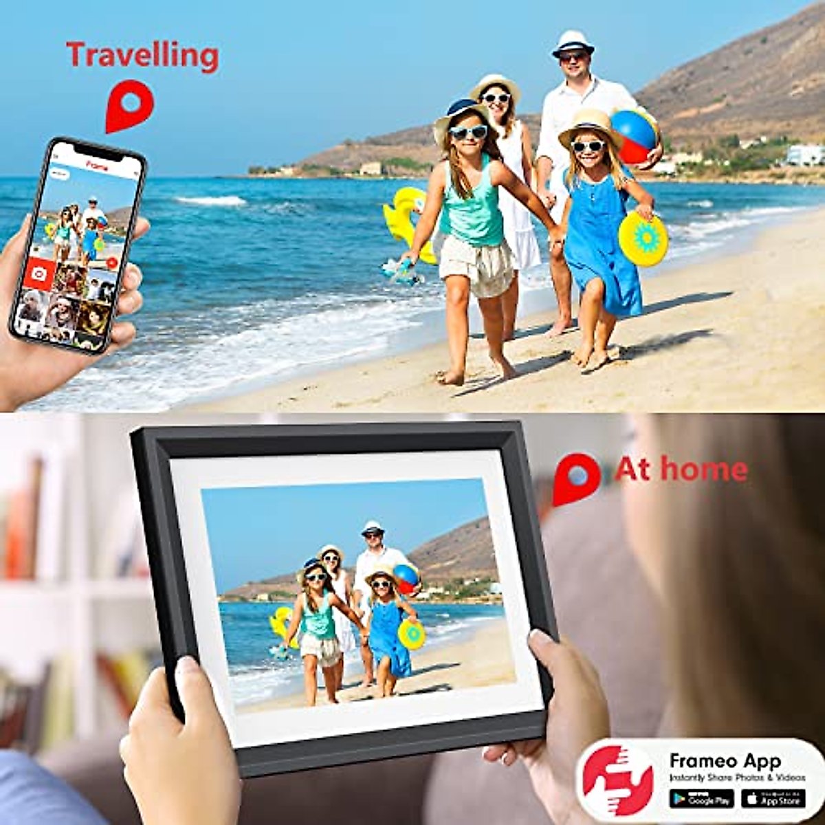 FRAMEO 10.1 Inch Digital Picture Frame WiFi, Smart Digital Photo Frame with 1280x800 IPS Touch Screen Display, Built-in 16GB Storage, Auto-Rotate, Easy Setup, Share Photos and Videos via Frameo App