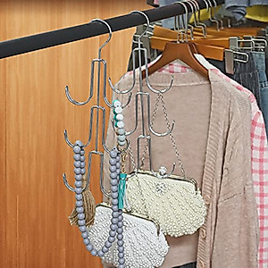 BONYCUST Purse Organizer for Closet, 2 Pack Purse Hanger with 6 Hooks Metal Handbag Storage Hook for Handbag, Purses, Hat, Scarf (Silver)