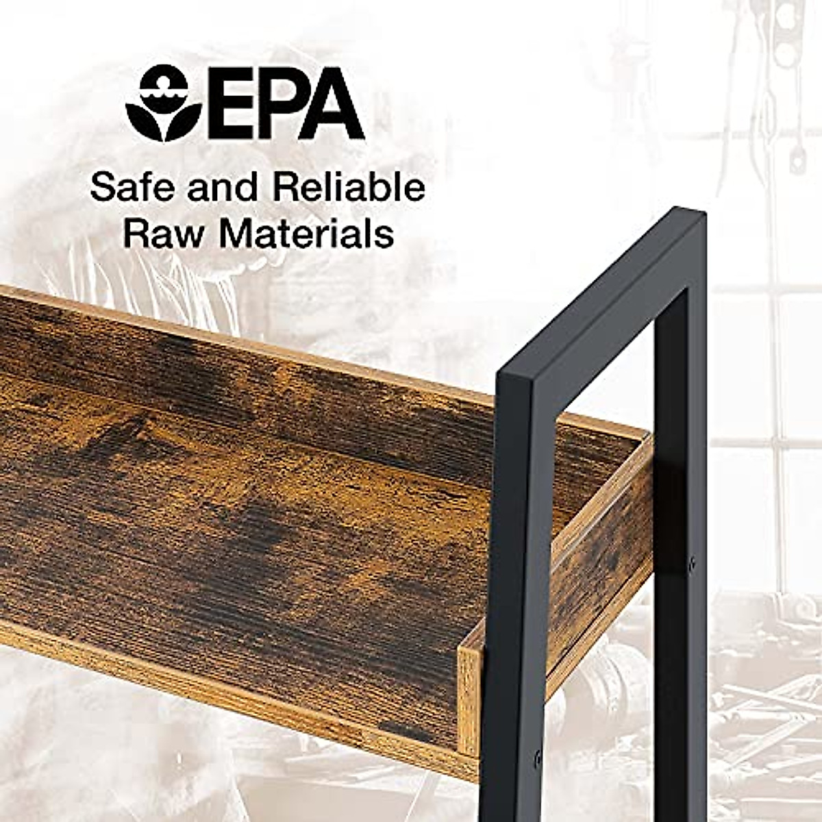 Rolanstar Bookshelf with Drawers, 4 Tier Ladder Bookshelf, Industrial Bookcases, Freestanding Display Plant Shelves with Metal Frame for Living Room, Small Space, Rustic Brown