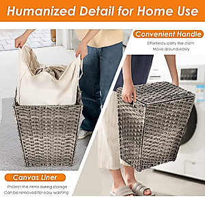Giantex Laundry Hamper with Lid, Foldable Laundry Basket w/Removable Liner Bag, Handwoven Rattan Clothes Hamper w/Handles Anti-skid Pads for Living Room Laundry (Gray)
