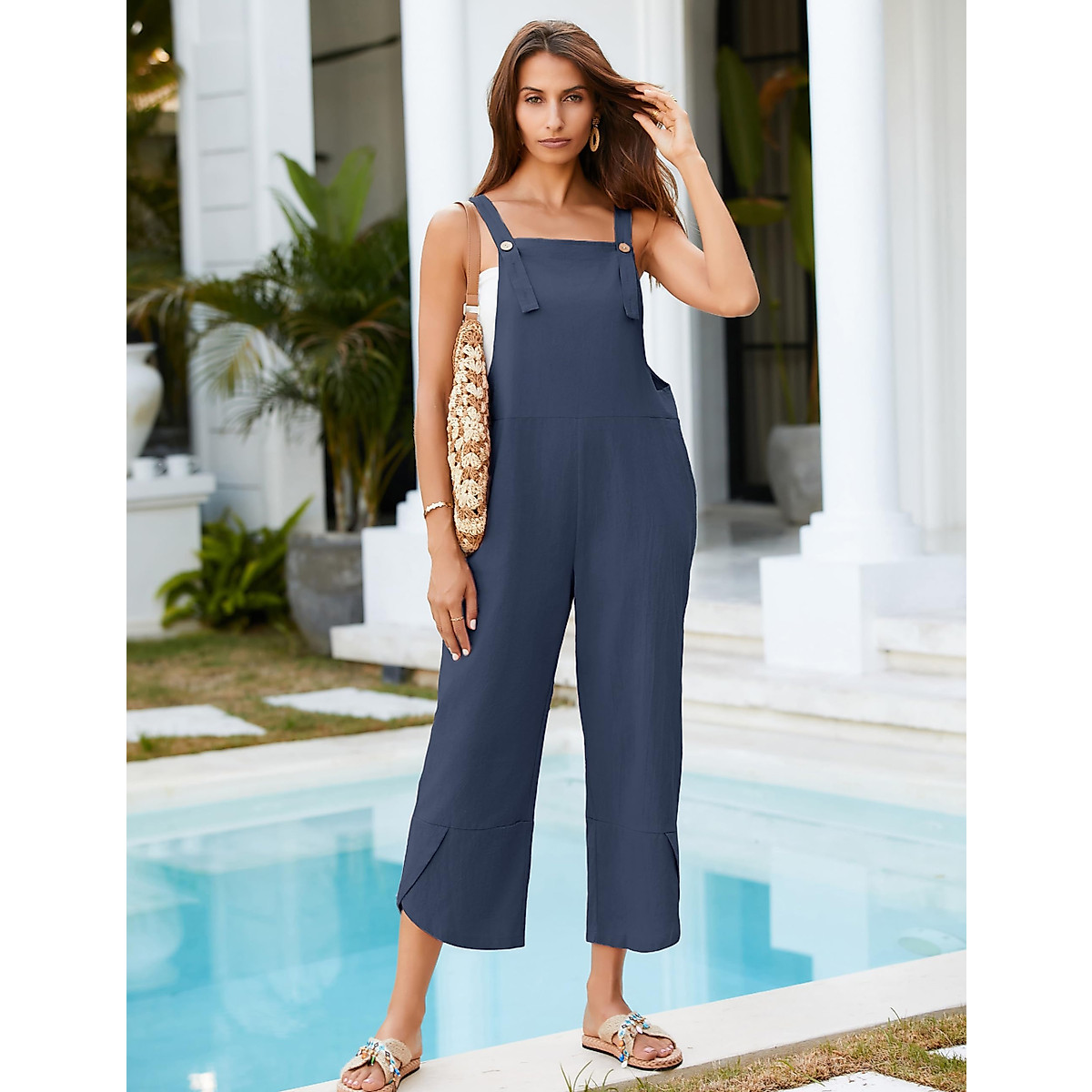 UANEO Womens Cotton Adjustable Casual Summer Bib Overalls Jumpsuits with Pockets (Navy, XL)