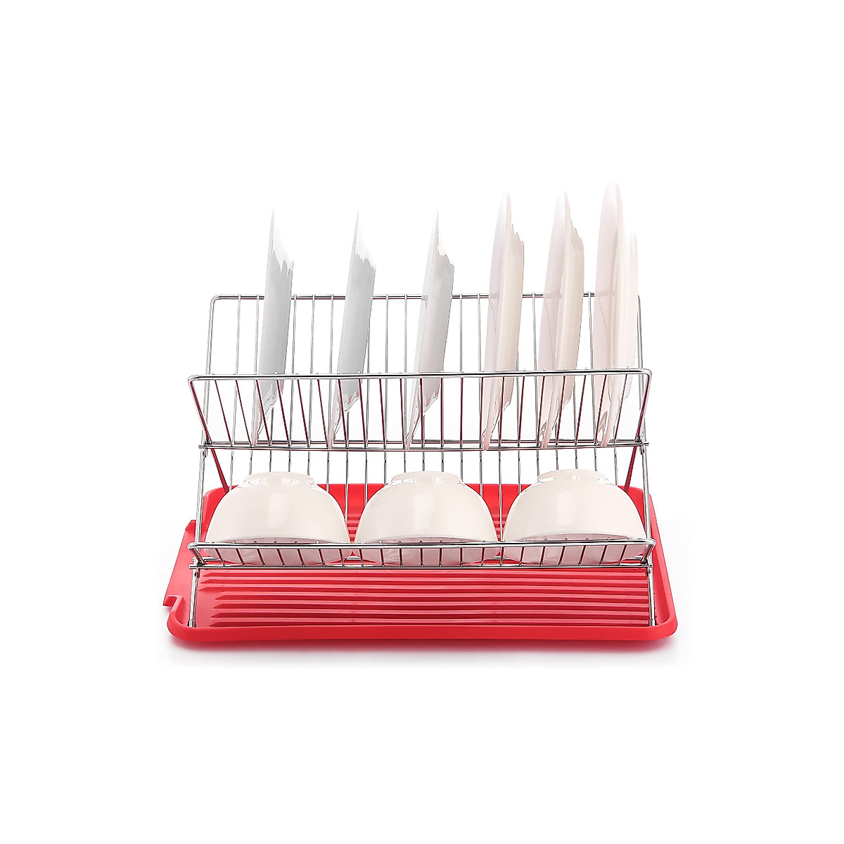 J&V TEXTILES Foldable Dish Drying Rack with Drainboard, Stainless Steel 2 Tier Dish Drainer Rack, Collapsible Dish Drainer, Folding Dish Rack for Kitchen Sink, Countertop, Cutlery, Plates (Red)