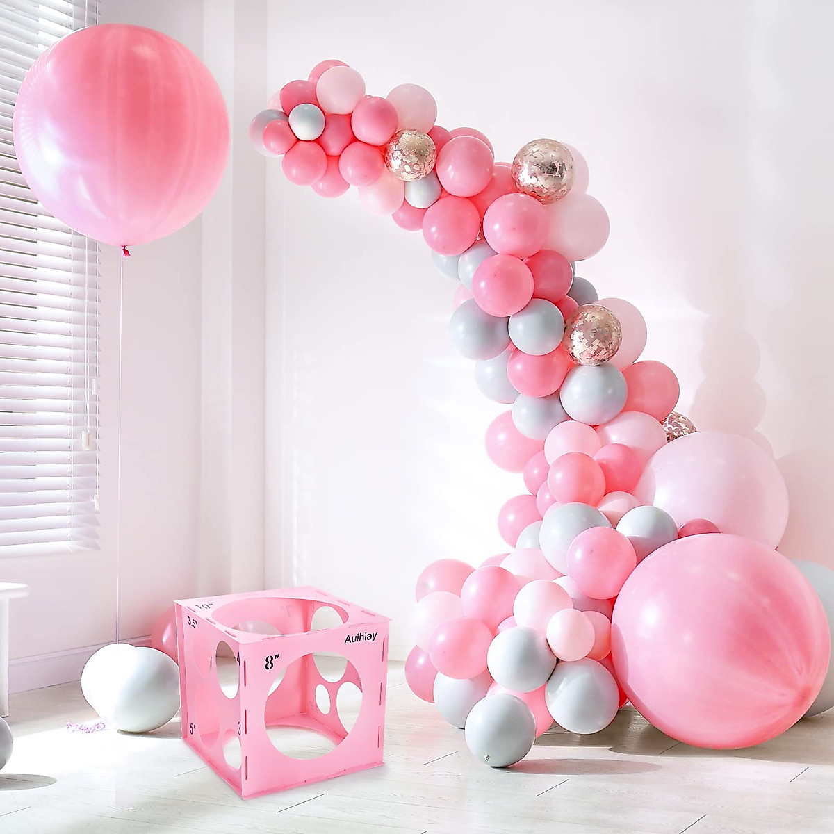 Auihiay Plastic Balloon Sizer Box Cube, Pink Collapsible Balloon Size Measurement Tool for Balloon Arches, Balloon Towers, Balloon Columns and Balloon Decorations (2-10 Inch)