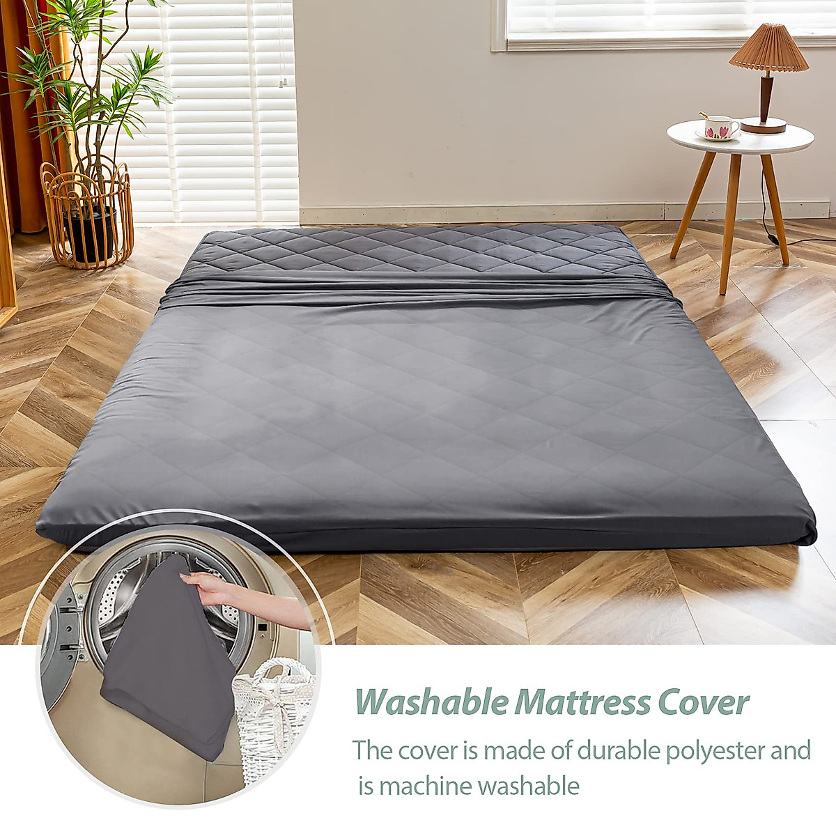 MAXYOYO Japanese Floor Futon Mattress Full Size, Floor Couch for Adults Roll Up Folding Floor Bed Portable Mattress Foam Mattress Queen, Diamond Patterned Japanese Futon Bed, Dark Grey