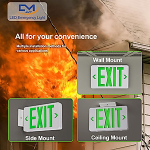 CM MZY Exit Sign with Emergency Lights LED Exit Sign Light with Battery Backup,Green Letter Commercial Emergency Exit Sign Lights,AC 120-277V, UL Certified,1PCS