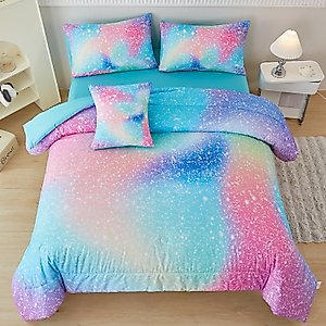 PERFEMET Pink Green Girls Twin Comforter Set, 6 Pieces Colorful Rainbow Kids Bedding Sets, Tie Dye Ombre Glitter Bed in A Bag Comforter Set with Sheets