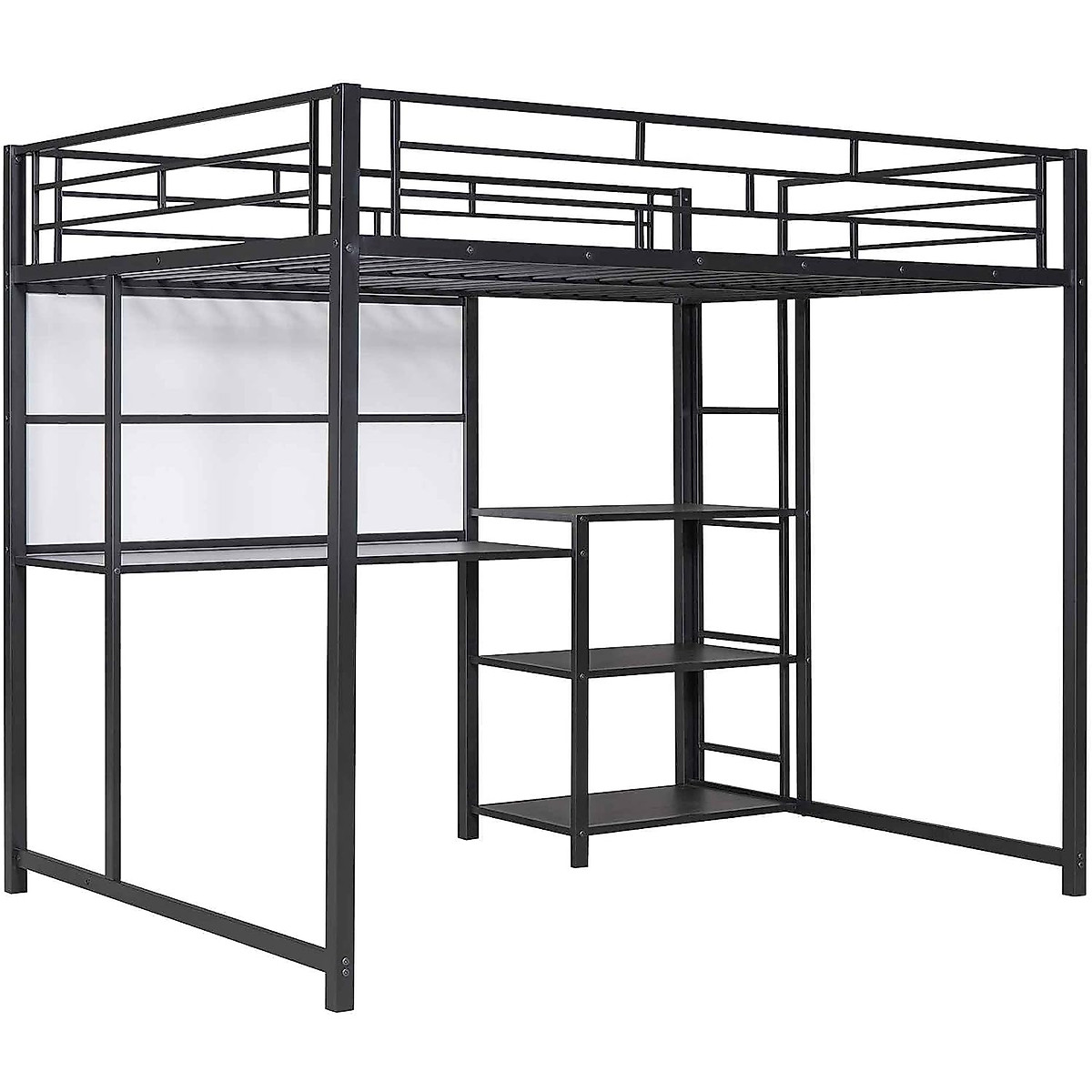 DNYN Full Size Loft Bed with Desk & Ladder for Kids Bedroom,Multifunctional Metal Bedframe w/Shelves & Whiteboard & Safety Rail Design,Space Saving & No Box Spring Needed, Black