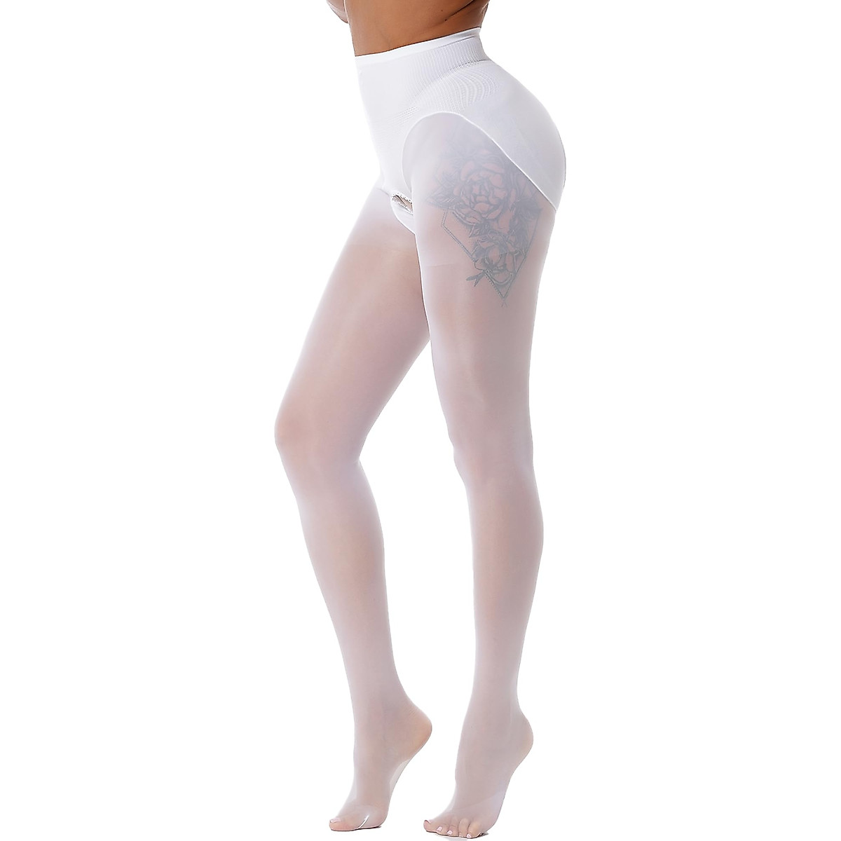 ACSUSS Womens Glossy Semi See-Through Tights High Waist Patchwork Crotchless Pantyhose Stockings White One Size