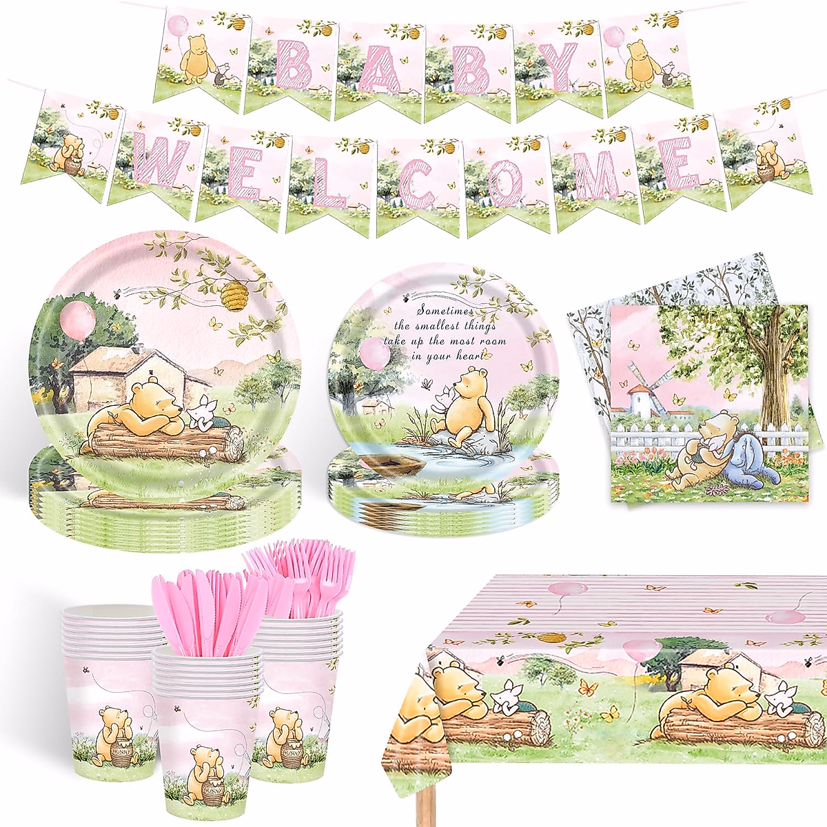 122PCS Classic Bear Baby Shower Party Supplies for Baby Girls Kids1st First Birthday Pink Neutral Winnie Bear Themed Disposable Tableware Set Plates Napkins Cups Tablecloths Banners for 20 Guests