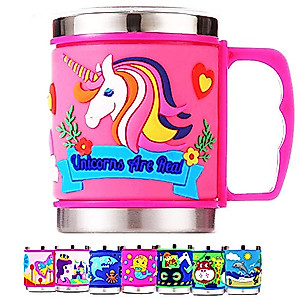 F-32 12 Oz Kids Stainless Steel Unicorn Pink 3D Mug with 2 Pack Slider Closure Lids - Eco-Friendly - BPA Free Signature Collection (Unicorn Pink)
