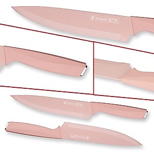 Stainless Steel Kitchen Knife Set of 6 Piece with Chef, Carving, Bread, Paring and Utility Knife,Sharp Knife Blade with Ergonomic Handle and Rotatable Butterfly knife holder (PINK)