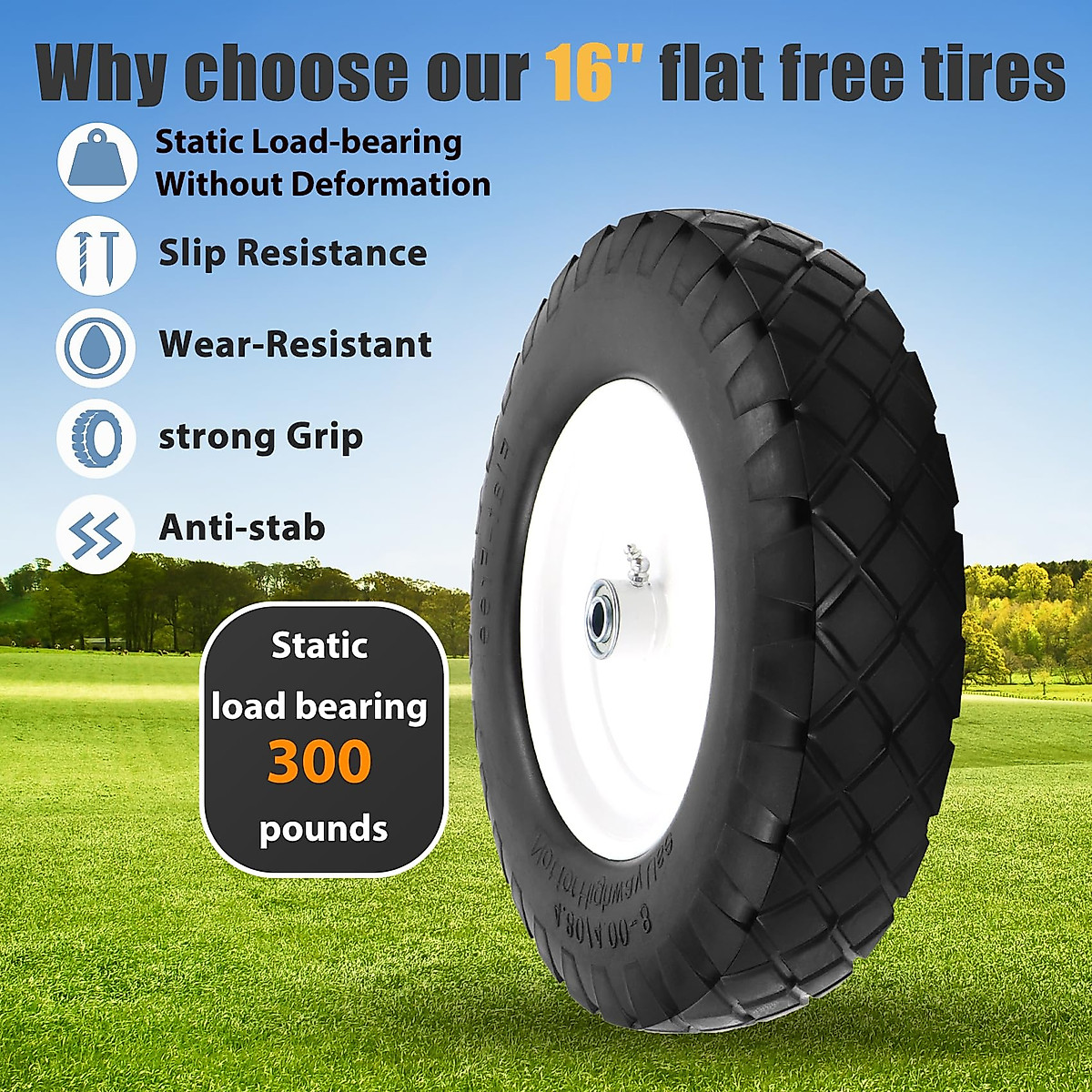 Pontuss Upgraded 16" Flat Free Wheelbarrow Wheels and Tires, 4.80/4.00-8 Solid Wheelbarrow Tires with 5/8"&3/4" Bearings,14"-16" Universal Fit Wheelbarrow Tires for Wheelbarrows/Garden Trailer