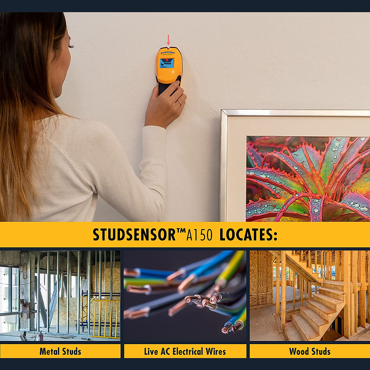 Zircon StudSensor A150 Wall Scanner and Center/Edge Locating Stud Finder with WireWarning Detection and Signal Strength Indicator, Center Finding