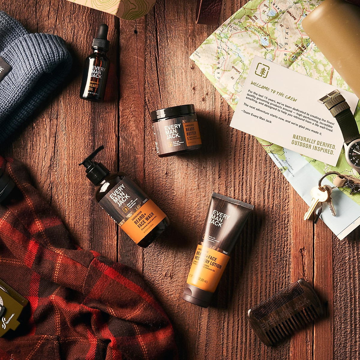 Every Man Jack Mens Sandalwood Grooming Set - Five Full-Sized Essentials: Wash, Lotion, Hydrating Oil, Butter, and Comb