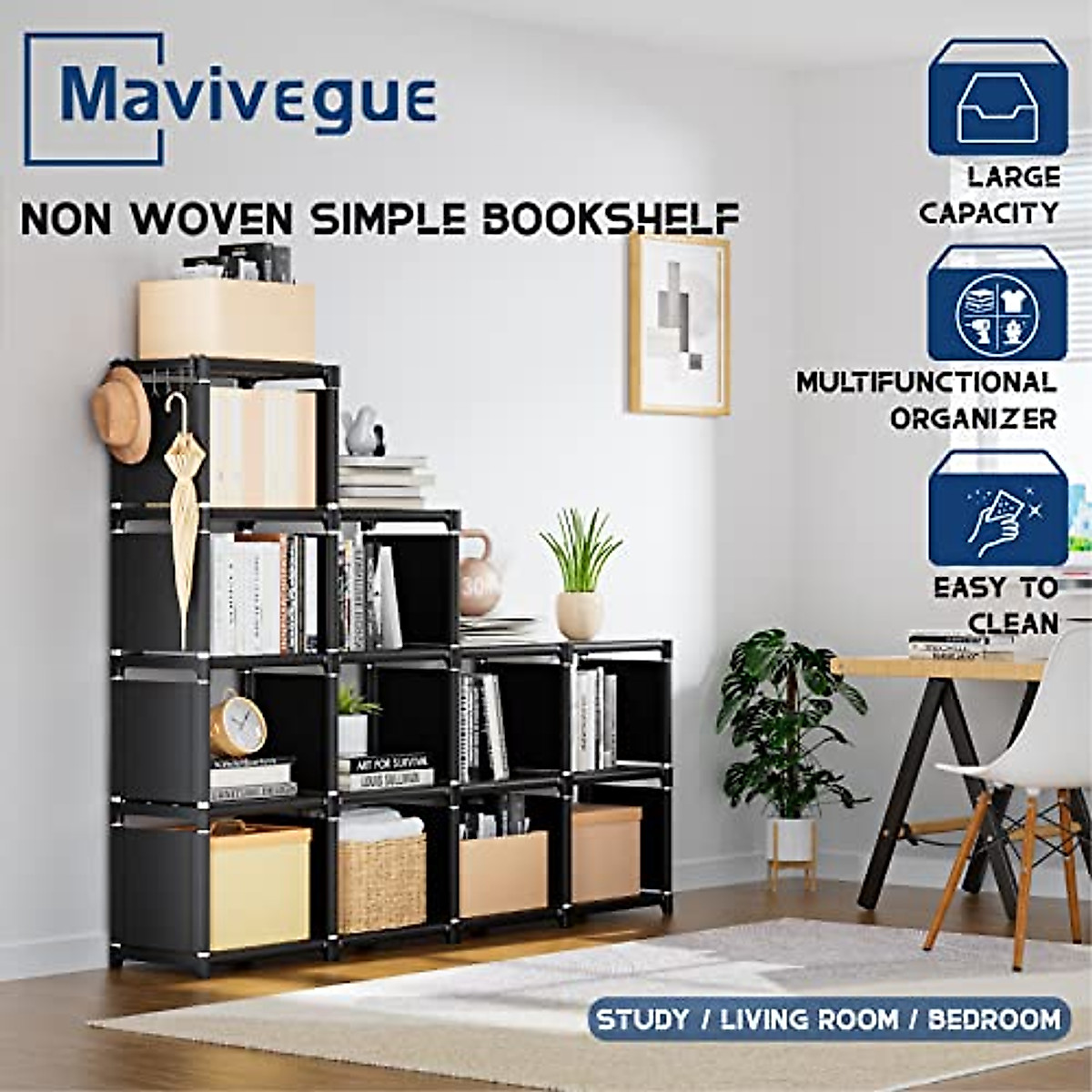 Mavivegue Book Shelf, 12 Cube Storage Organizer, DIY Bookcase, Metal Cube Bookshelf,Tall Book case for Bedroom, Living Room,Office,Closet Storage Organizer, Black Cubicle Storage Rack