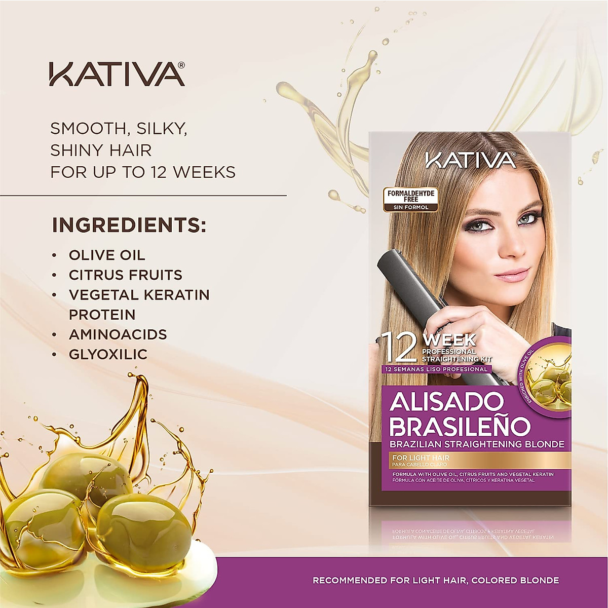Kativa Brazilian Straightening Blonde Kit, 12 Weeks of Home Use Professional Straightening, with Olive Oil, Citrus Fruits and Keratin, for Straighter, Softer and Shinier Light-Coloured Hair