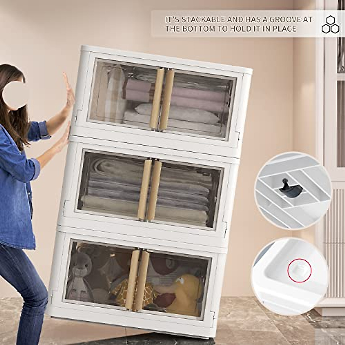 Nafenai Storage bins with Lids - Collapsible storage bins,3 Packs Storage bins with wheels,Double Door stackable storage bins Closet Organizers and Storage,78 Quart Storage Boxs for Home,Office