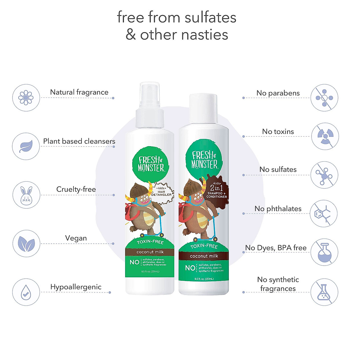 Fresh Monster Hair Detangler Spray & 2-in-1 Shampoo & Conditioner, Coconut, Toxin-Free, Hypoallergenic & Natural (8.5 oz each)