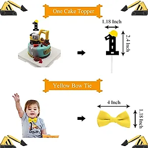 PRATYUS Construction Birthday Party Supplies for Kids, Construction Party Decorations with Banner, Highchair Banner, Yellow Bow Tie Crown Kit, Cake Topper for Boys Girls Bday Party Event Favors