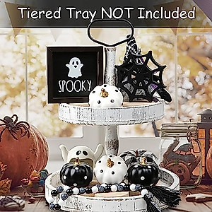Halloween Decorations Indoor 7PCS - 2 Wooden Signs, 4 Artificial Pumpkins & Bead Garland-Farmhouse Tiered Tray Decor for Spooky Halloween