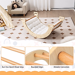 HONEY JOY Wooden Ladder Arch for Climbing, 3-in-1 Kids Climber Ladder & Rocker Board w/Cushion Pad, Triangle Climber for Playground, Gym & Daycare, Climbing Toy for Toddlers Boys Girls (Natural)