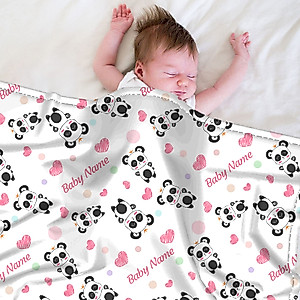 Personalized Cute Panda Printed Minky Baby Blanket with Name, Custom Panda Hearts Patterns Toddler Bedding Blanket for Baby Girls, Birthday Gifts for Newborn Infant, 30" X 40"