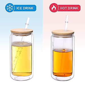 Didaey 12 Pcs Sublimation Blanks Glass with Bamboo Lid Plastic Straw Double Wall Sublimation Glasses Tumbler Cups Drinking Can Jars for Juice Beer Soda Iced Coffee Snow Globe DIY Gift (Wood,12oz)