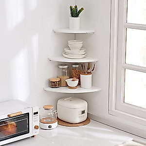 Corner Shelf, White Solid Oak Wood Floating Corner Shelves Wall Mount Round End Floating Speaker Shelf for Small Plant Photo Frame (White, 10in)