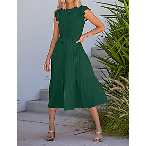 MEROKEETY Women's Summer Casual Short Sleeve Round Neck Smocked High Waist Flowy Sun Midi Dress,ForestGreen,L