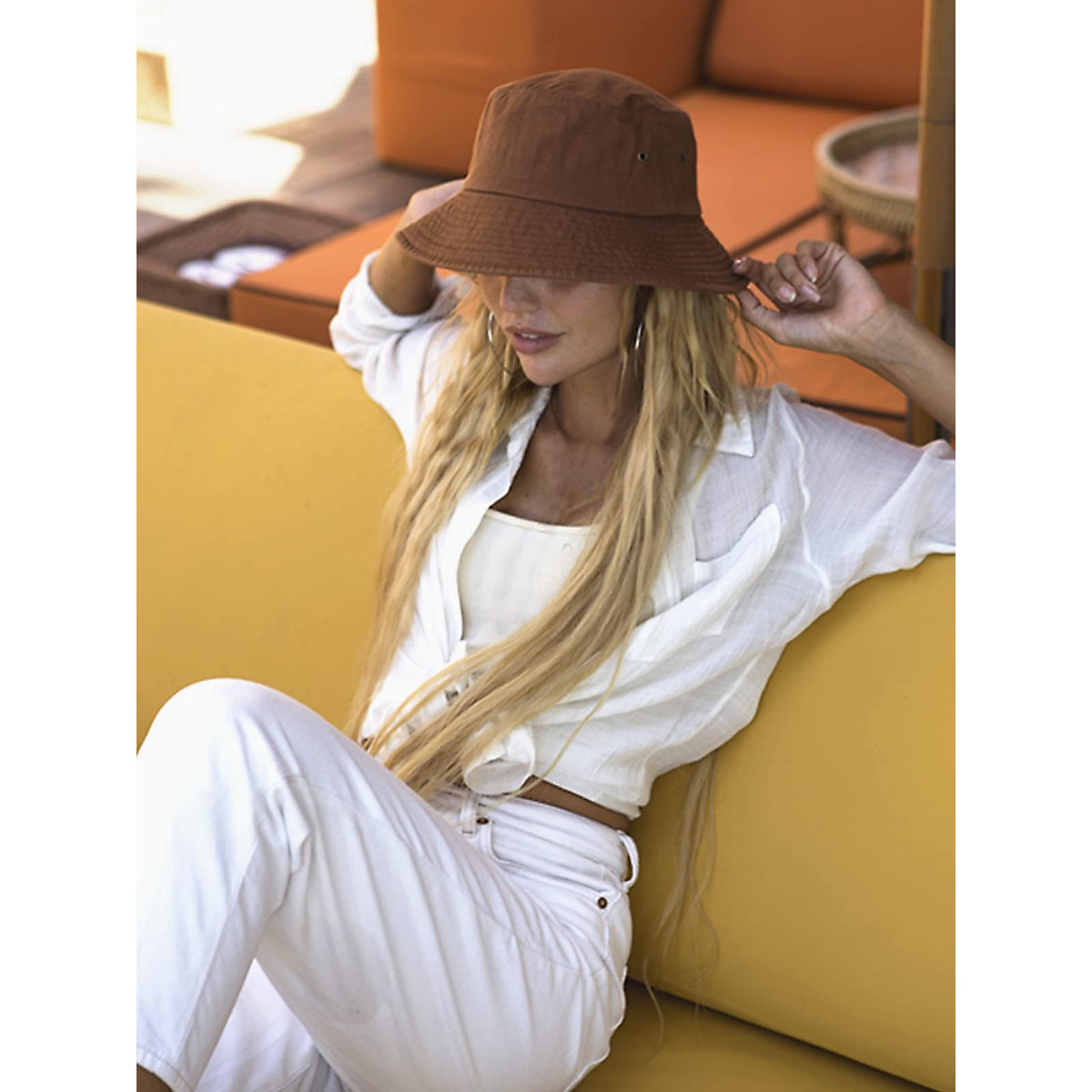 FURTALK Bucket Hats for Women Washed Cotton Packable Summer Beach Sun Hats Mens Womens Bucket Hat with Strings for Travel (Dark Orange, Medium, m)