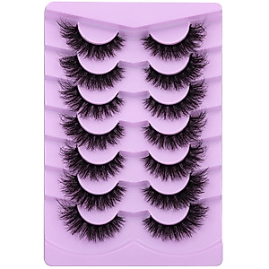 FANXITON Mink Lashes Fulffy Natural Short False Eyelashes Cat Eye Lashes Mink Eye Lashes 5D Curly Wispy 7 Pairs Faux Mink Lashes Multipack