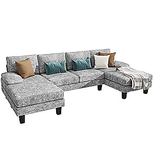 YESHOMY Convertible Sectional U-Shaped Couch with Soft Modern Cotton Chenille Fabric for Living Room, 6 Seats Oversized Sofas with Comfortable Backrest, Grey and White
