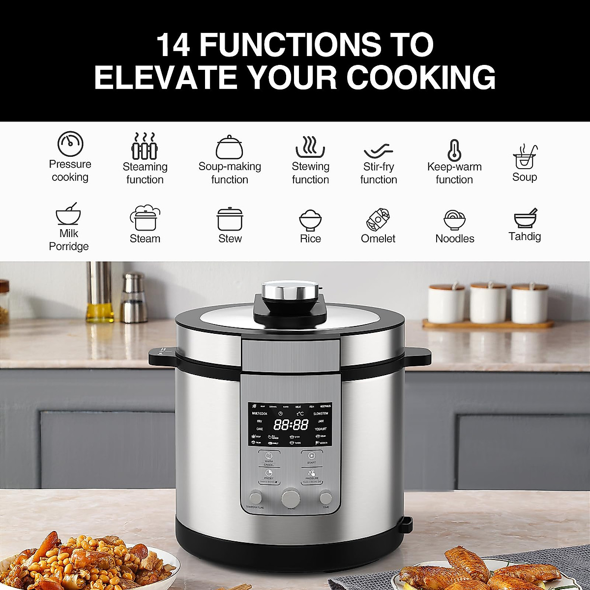 Electric Pressure Cooker 6.34QT NAFEWIN 14-in-1 Electric Multi-Cooker Stainless Steel, Slow Cooker, Rice Cooker, Steamer, Sauté, Yogurt Maker, Warmer & Sterilizer, Recipes, 1000w, 110v