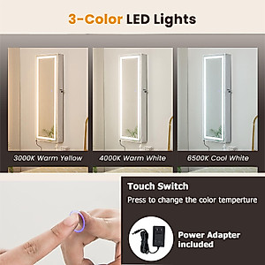 Giantex Jewelry Cabinet Armoire Door Wall Mount, 47.2in Lockable Touch Screen Lighted Full Length Mirror, 3 Lighting Settings, Inside Makeup Mirror, Jewelry Storage Box Organizer (Grayish White)