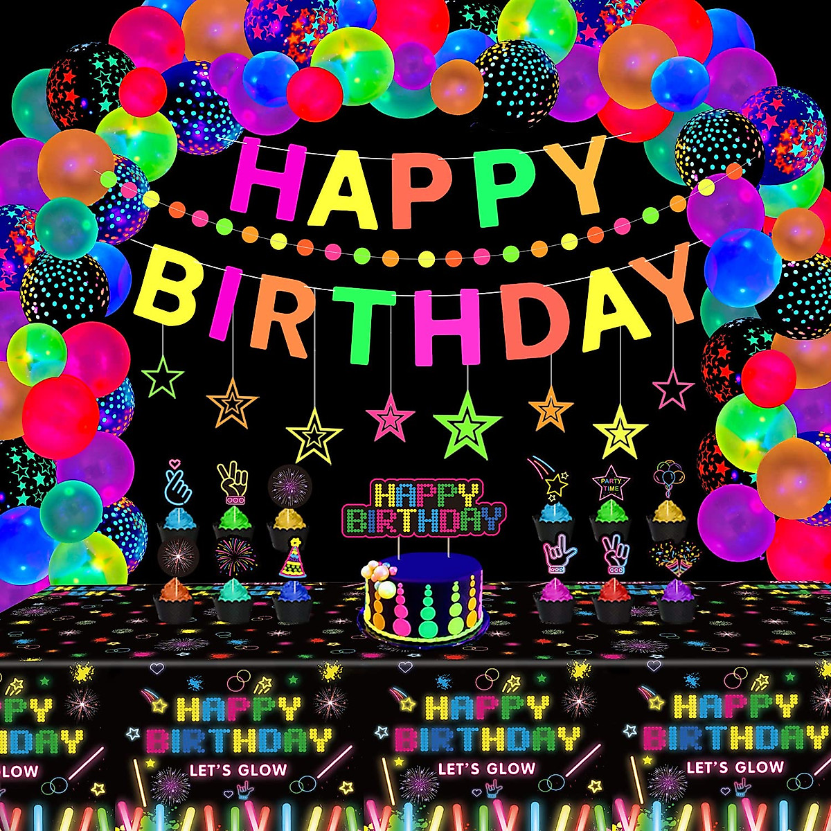 80 Pack Glow Neon Party Supplies Glow Party Decorations Black Light Reactive Decor Set - Fluorescent Banner, BlackLight Garland, Hanging Stars, Glow in The Dark Balloons, Neon Tablecloth, Cake Toppers