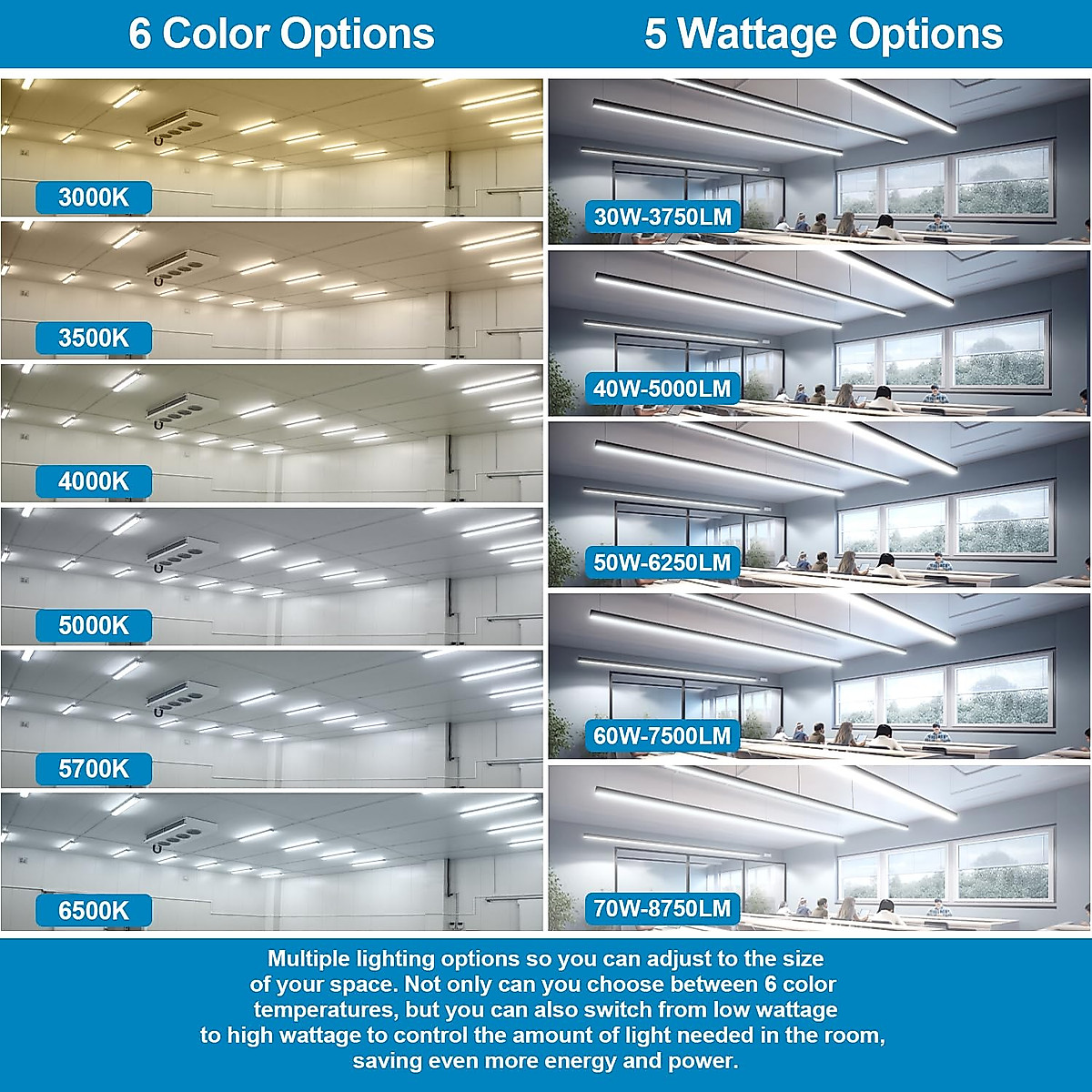 4FT LED Linear Strip Light, Super Bright LED Shop Lights 30W 40W 50W 60W 70W Selectable/100V-277V 6CCT 3000K-6500K, Flush Mount 0-10V Dimmable Commercial Garage Indoor Ceiling Light, ETL DLC(4 Pack)