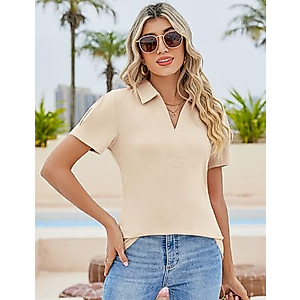 ZHENWEI Short Sleeve Summer Shirts Women V Neck Collared Polo Tunic Tops Work Blouse,Apricot,S