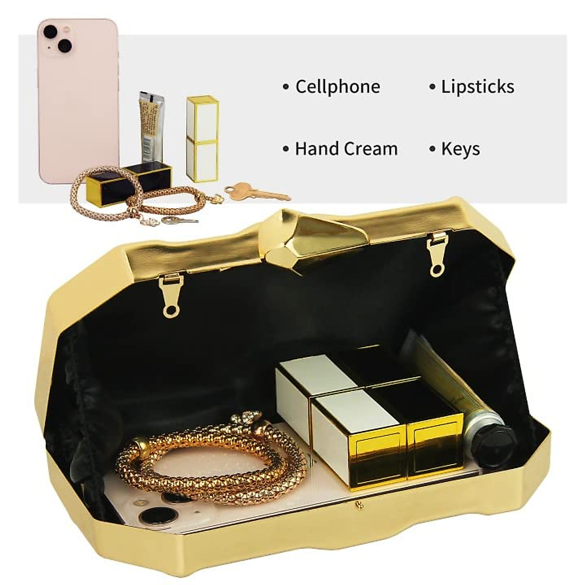 AmoVee Clutch with Chain Strap, Clutch Purses for Women Wedding，Evening Handbag for Party, Prom and Formal Occasion (Shiny Gold)