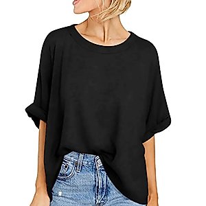 Langwyqu Womens' Short Sleeve Oversized Summer Crew Neck Loose Casual Tee T-Shirt Black