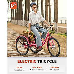 Viribus Electric Trike, 250W Electric Tricycle for Adults with UL 36V 13Ah Battery, 3 Wheel Electric Bike for Men Women Seniors with Basket, Ebike Trike 330lb. 24 26 in Etrike E Trikes Peach
