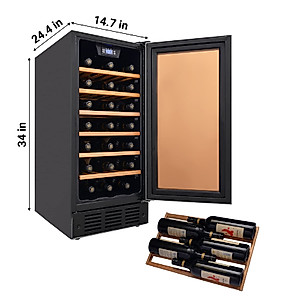 Smad 15 inch Wine Cooler Under Counter, 31 Bottle Built in Wine Fridge with Wood Shelf, Double Reversible Glass Door, Digital Temperature Control, Super Quiet, Stainless Steel, Black