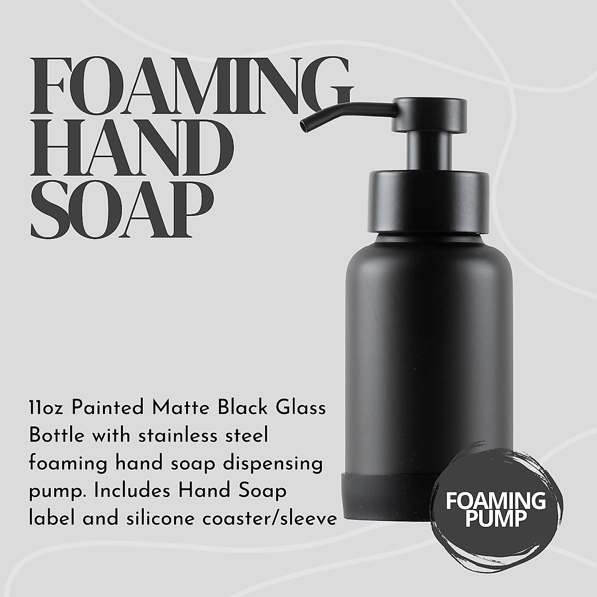 Black Glass Foaming Hand Soap Dispensing Bottle - Matte Black - 11 Ounce - Includes Hand Soap Labels & Silicone Coaster
