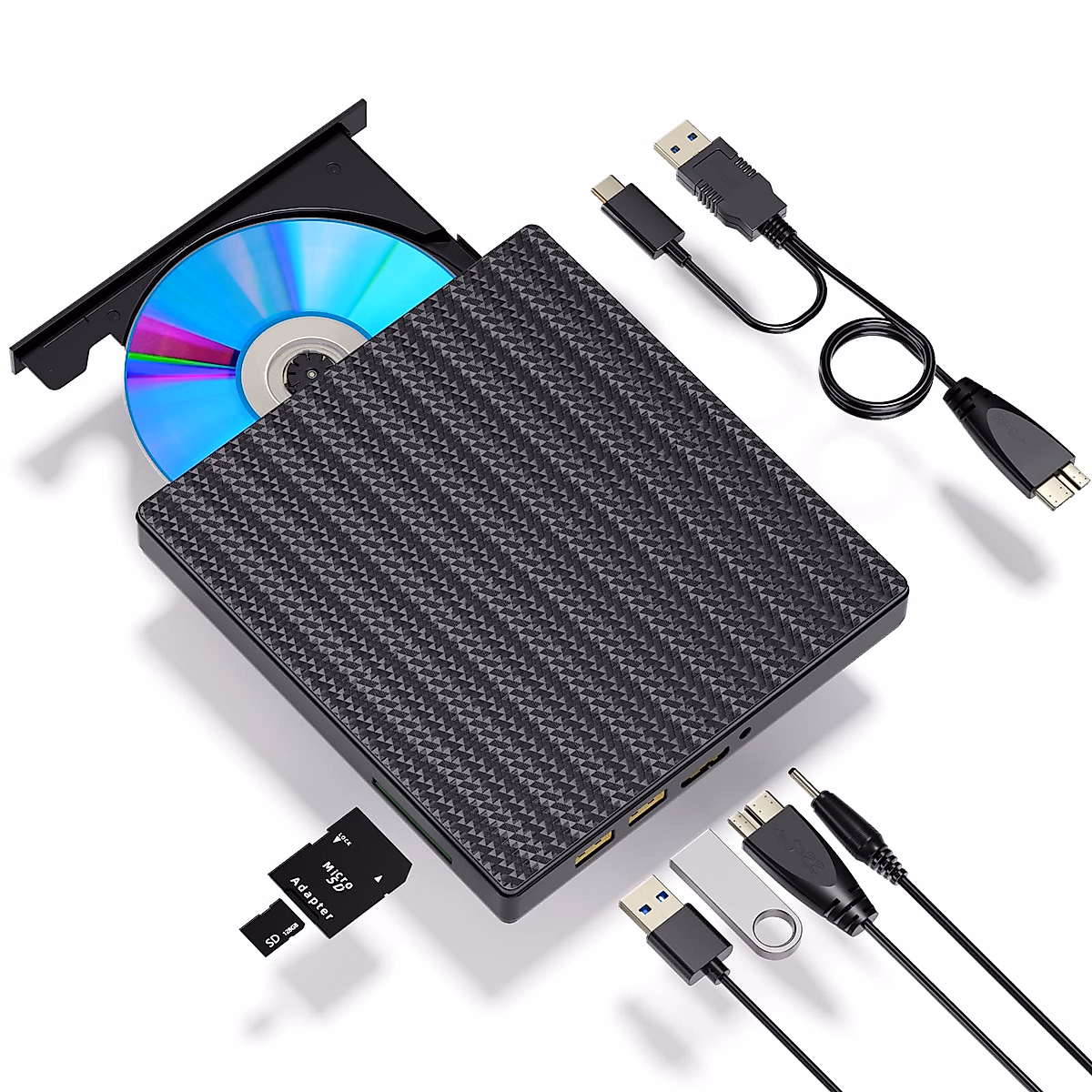 aelrsoch External CD/DVD Drive for Laptop DVD Driv with SD Card Slots Reader and 4 USB Ports, USB 3.0 Type-C CD/DVD Burner External Disk Drive Optical Compatible with Laptop Mac PC Windows 11/10/8/7