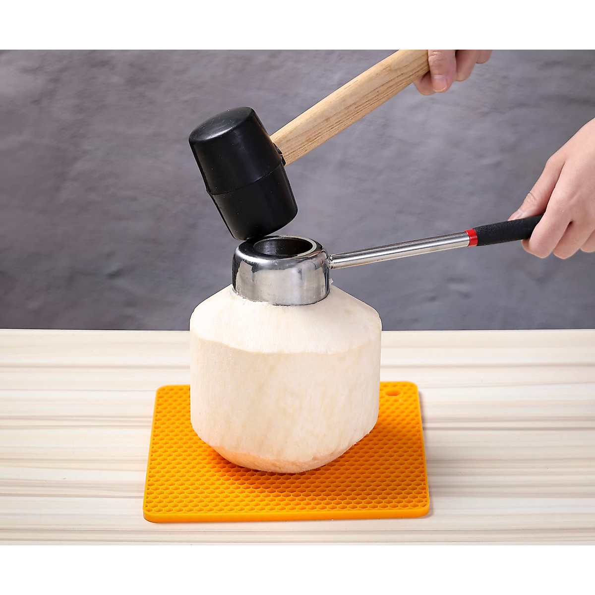 Coconut Opener Tool Set, Food Grade Stainless Steel Coco Opener Kit for Coconut Young & Mature, Coconut Shell Puncher Knife, Rubber Hammer with Wood Handle, Silicone Mat Shockproof