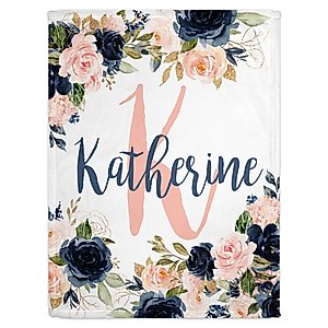 GLAM Polyester Personalized Baby Blanket - 30' X 40' - Navy and Blush Pink Themed - Custom Baby Blankets for Girls