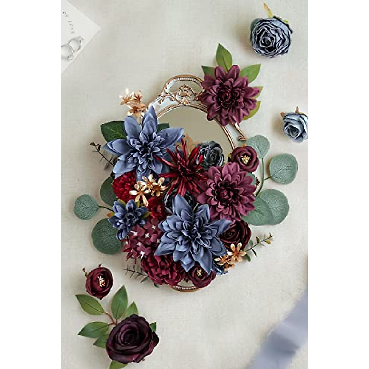 Udoula Burgundy Artificial Flowers Combo Pack, Faux Navy Blue Flowers Wedding Combo for DIY Wedding Bouquets Combo Arrangements Party Bridal Baby Shower centerpieces
