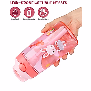 A+ Choice Kids Water Bottle with Straw & Handle - 16 oz BPA Free Kids Water Bottles, Spill Proof, Easy-Clean, Dishwasher Safe - Cute Rabbit Pink