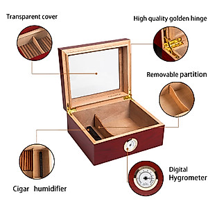 Somduy Cigar Humidor for 30-50 Cigars with Humidifier and Hygrometer,Desktop Cedar Wood Cigar Box Storage Case with Divider, Glass Top, Gift for Men,Reddish Brown